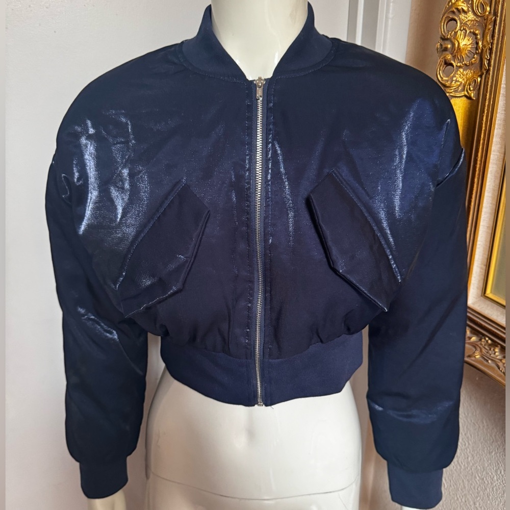 Crop Bomber Jacket Cropped Puffer Jacket Blue Metallic Gem